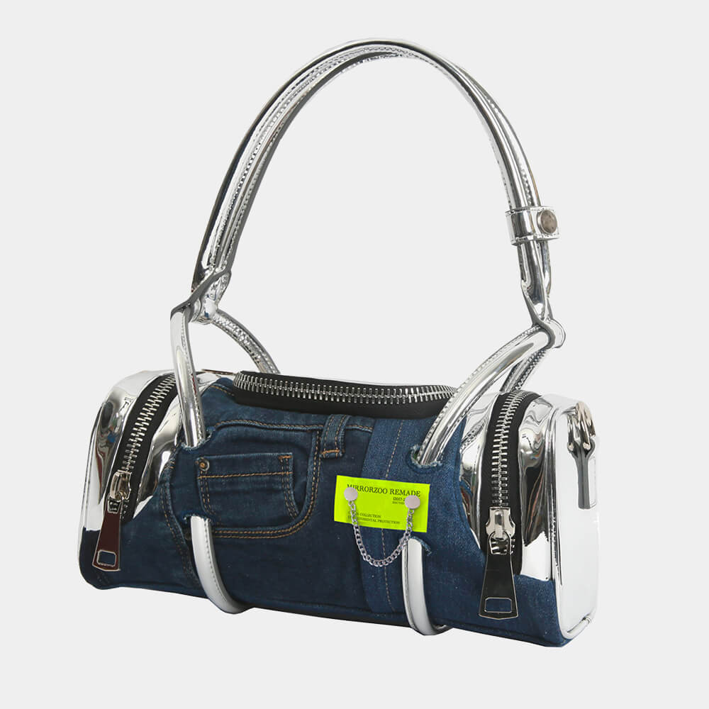Denim Patchwork Cylinder Shaped Handbag - One Of A Kind